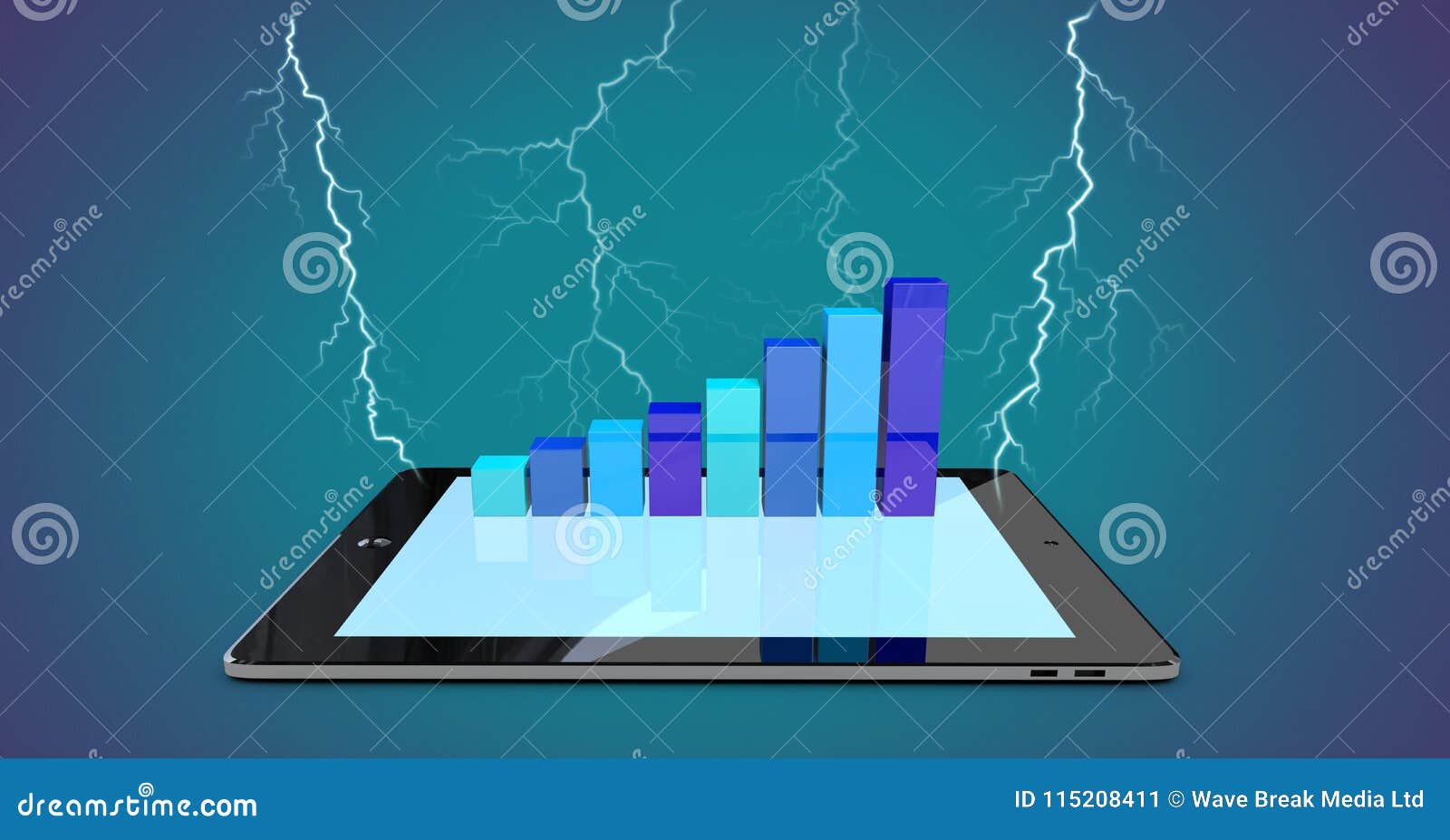 Lightning Strikes and Tablet with Bar Chart Statistic Stock ...