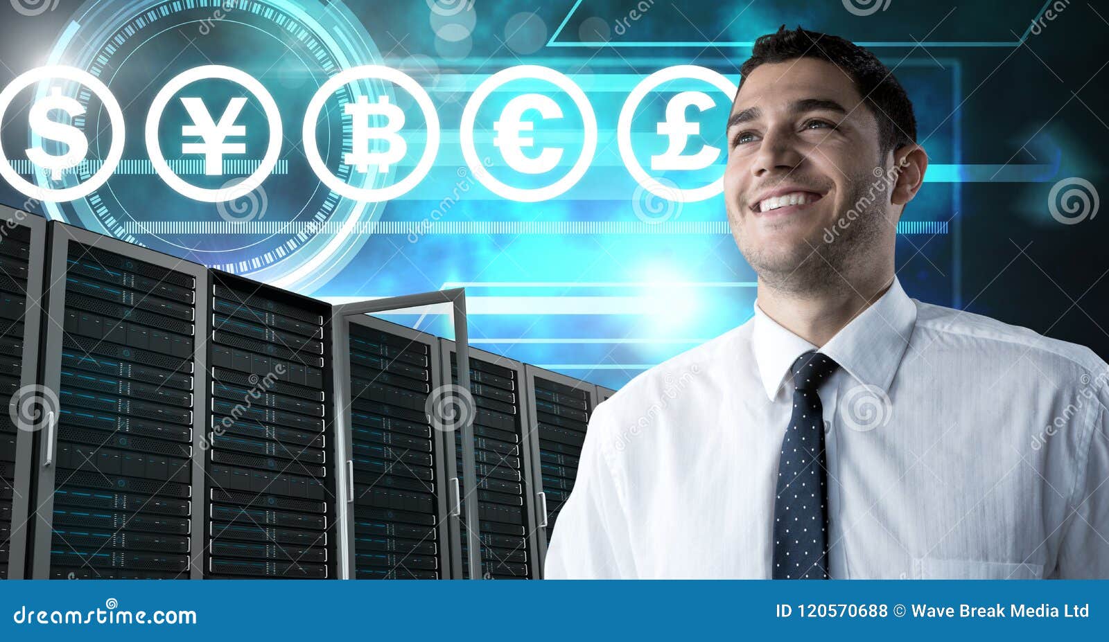 Man with Computer Servers and Bitcoin Technology Information Interface ...
