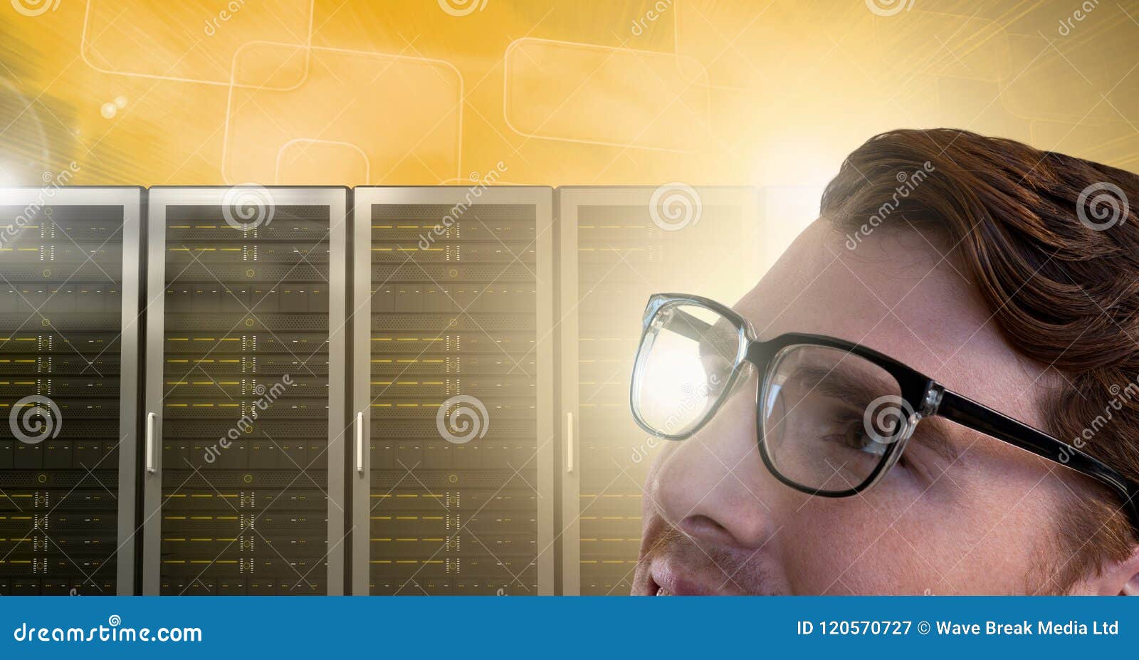 Man with Computer Servers and Glasses Stock Image - Image of light ...