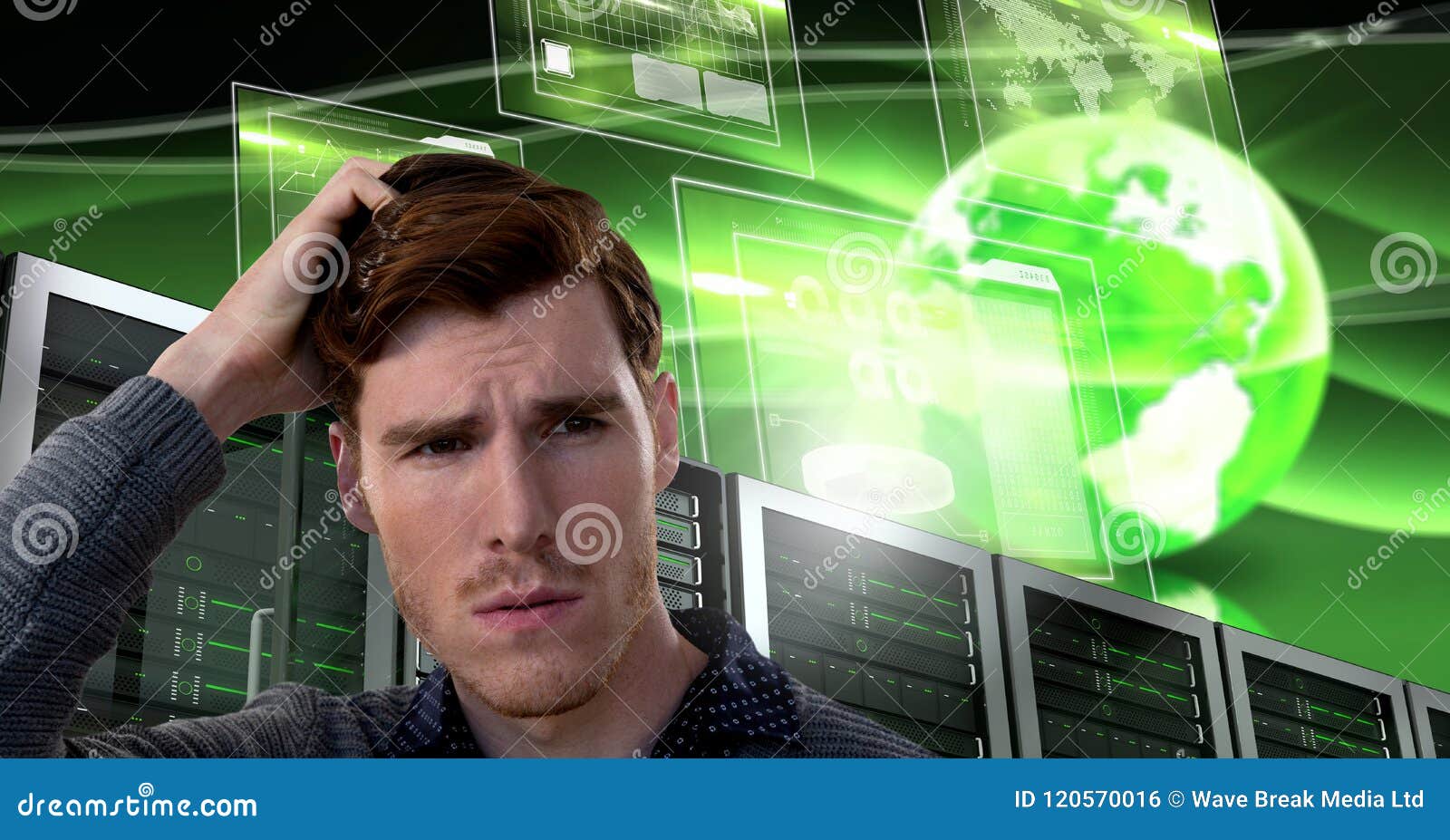 Man with Computer Servers and Technology Information Interface Stock ...