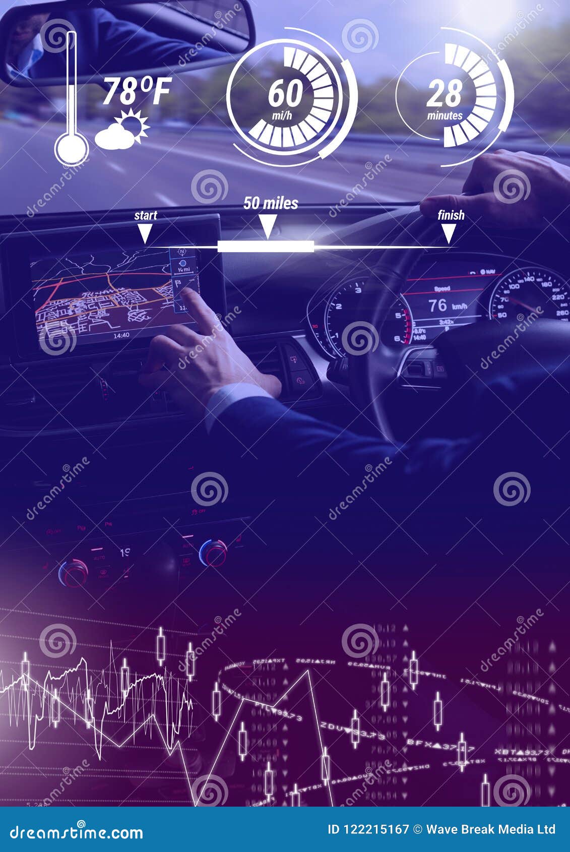 Man Driving in Car with Heads Up Display Interface Stock Image - Image ...
