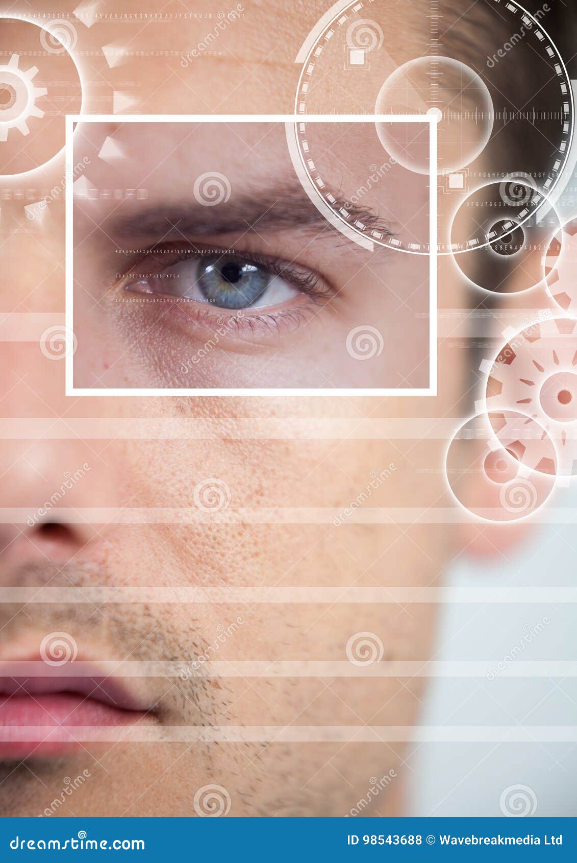 Man with Eye Focus Box Detail and Lines Interface Stock Photo - Image ...