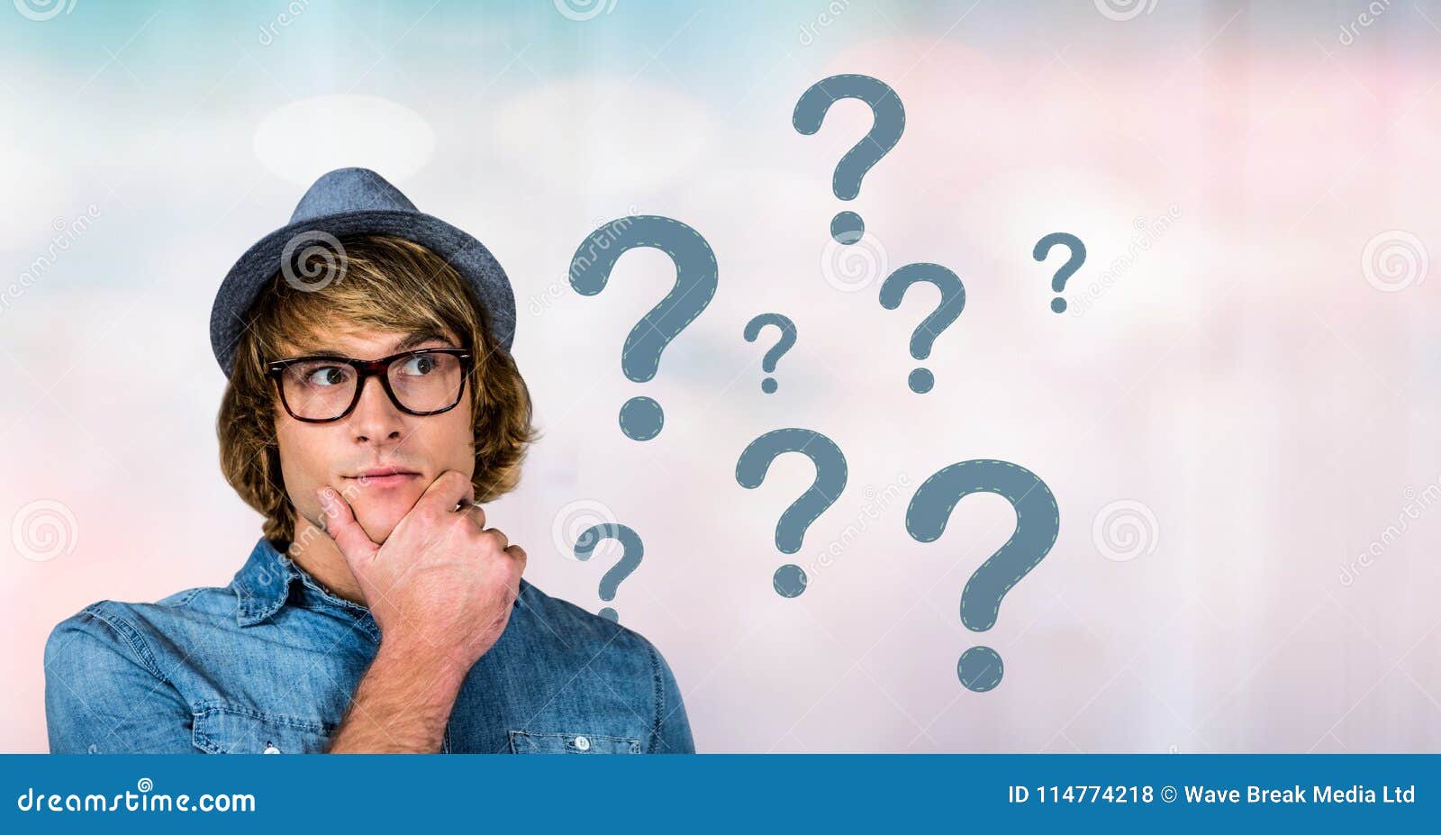 Man with Hat Thinking with Blue Question Marks Stock Photo - Image of ...