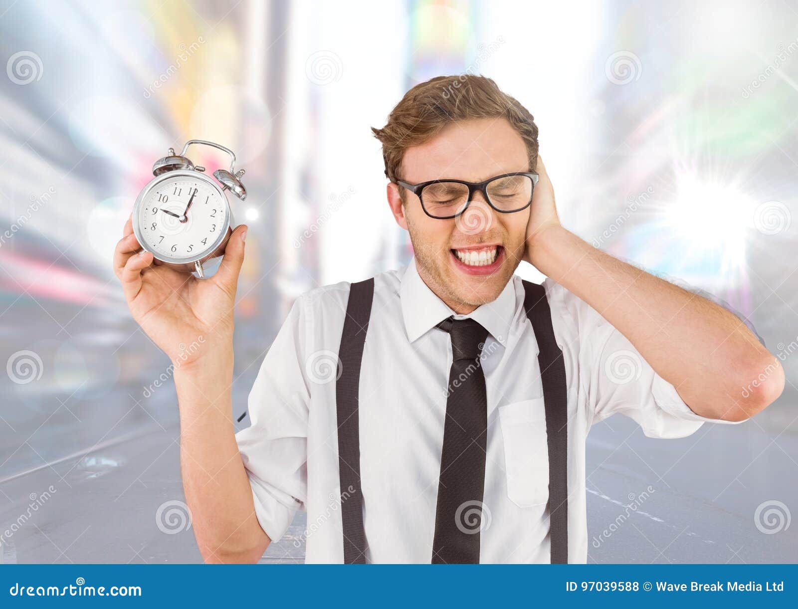 Man Holding Clock in Front of City Rush Stock Photo - Image of copy ...