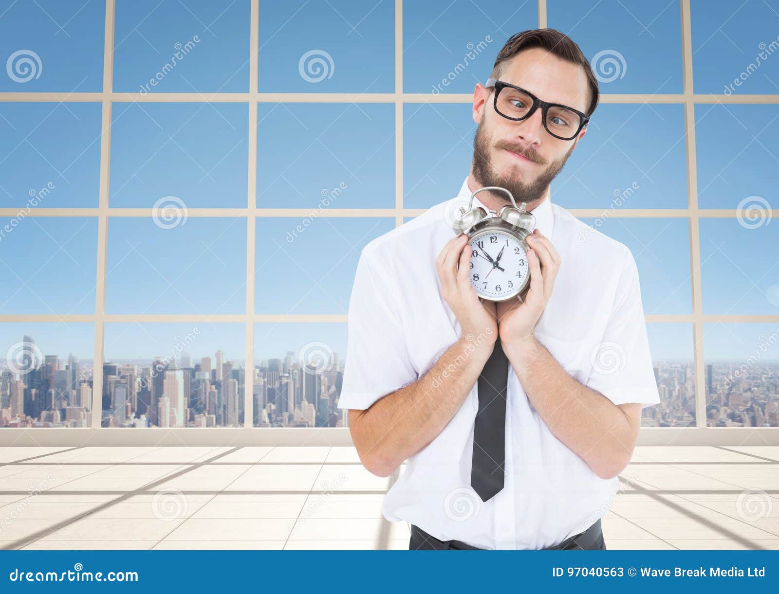 Man Holding Clock in Front of Windows Stock Image - Image of glasses ...