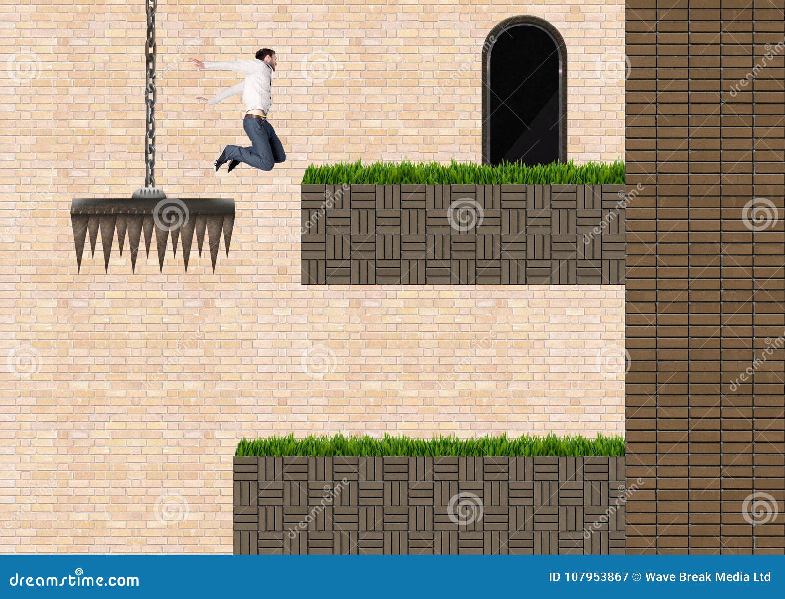 Man Jumping in Computer Game Level and Traps Stock Illustration ...