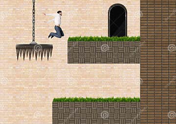 Man Jumping in Computer Game Level and Traps Stock Illustration ...