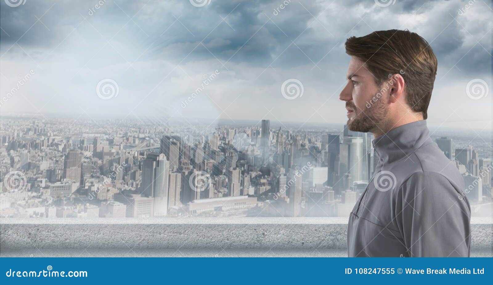 Man Looking Left with Skyline in Background Stock Image - Image of ...