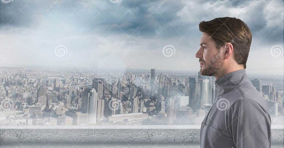 Man Looking Left with Skyline in Background Stock Image - Image of ...