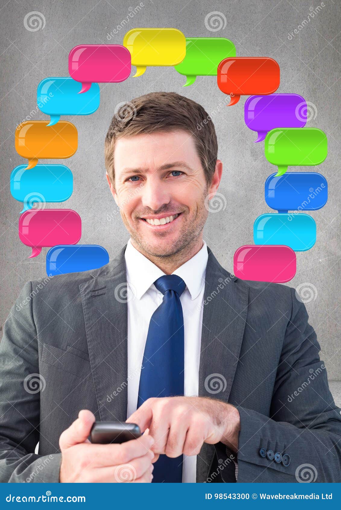 Man on Phone with Shiny Chat Bubbles Stock Photo - Image of happy ...