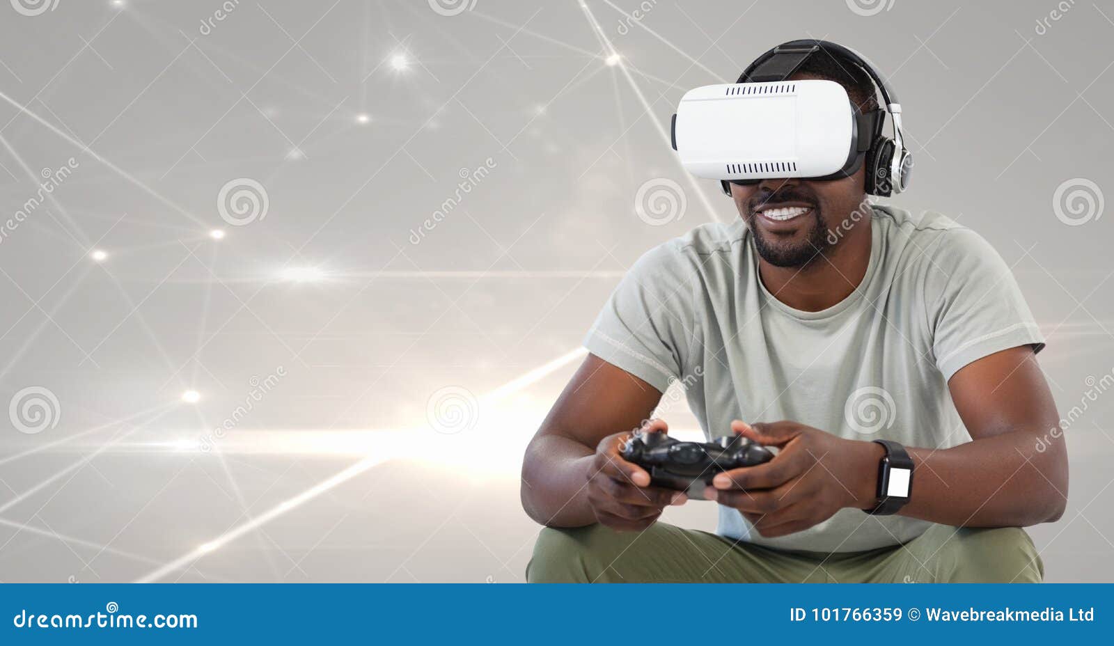 Man Playing with Computer Game Controller with Bright Light Connections ...