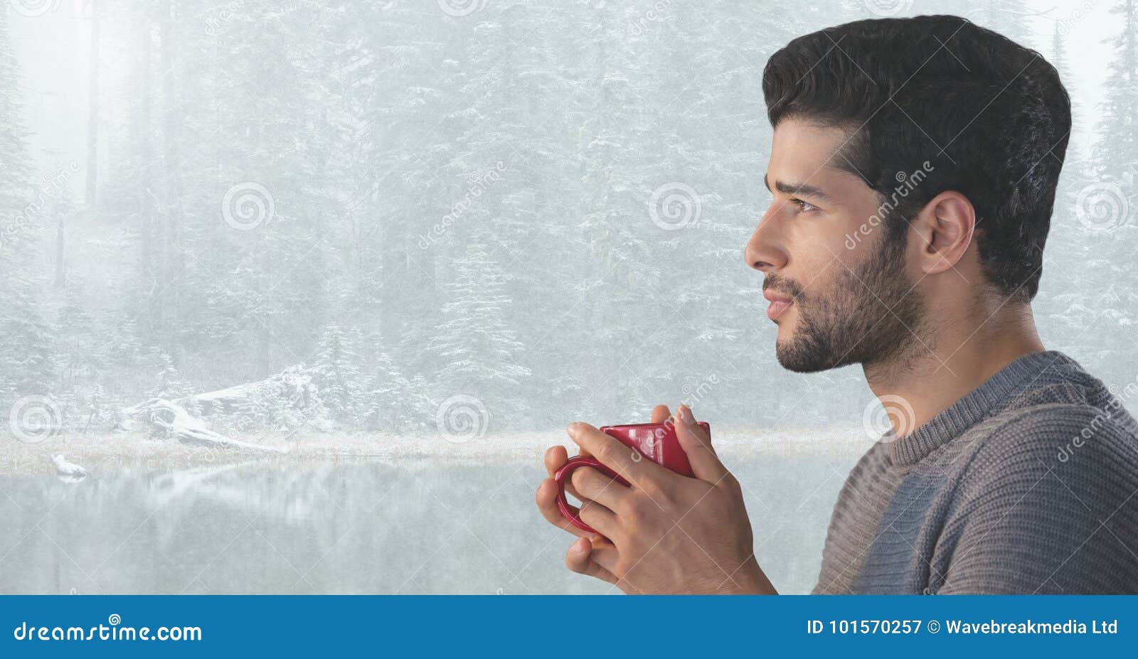Man Reflecting with Cup in Bright Snow Forest Stock Image - Image of ...
