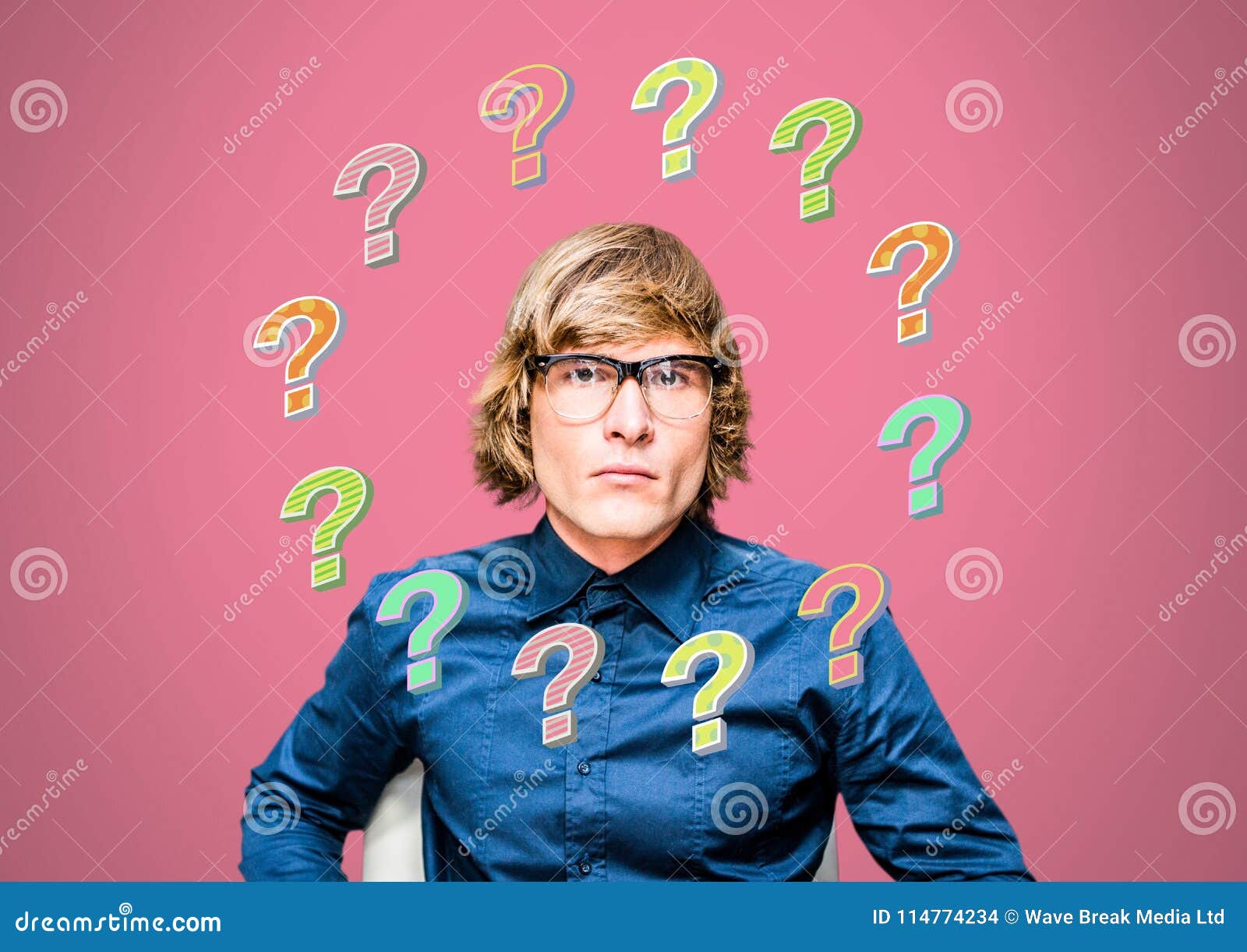 Man Thinking with Colorful Funky Question Marks Stock Illustration ...