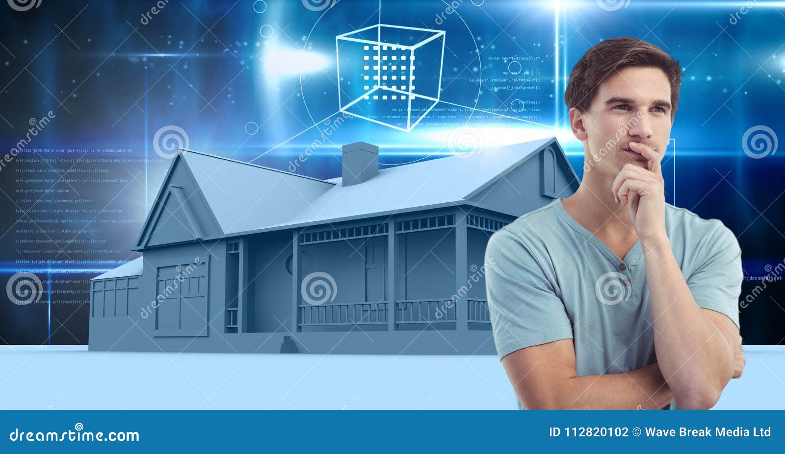 Man Thinking and House with Sky Interface Glowing Stock Photo - Image ...