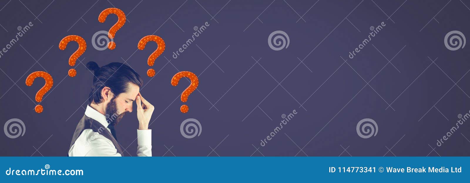 Man Thinking with Purple Stitched Question Marks Stock Illustration ...