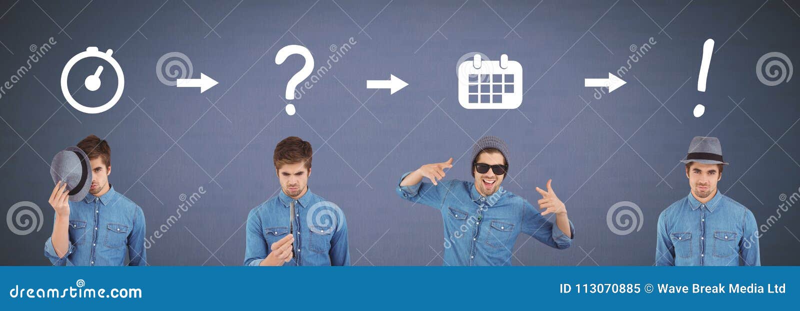 Man Thinking in Sequence with Ideas and Brainstorm Process Icons Stock ...