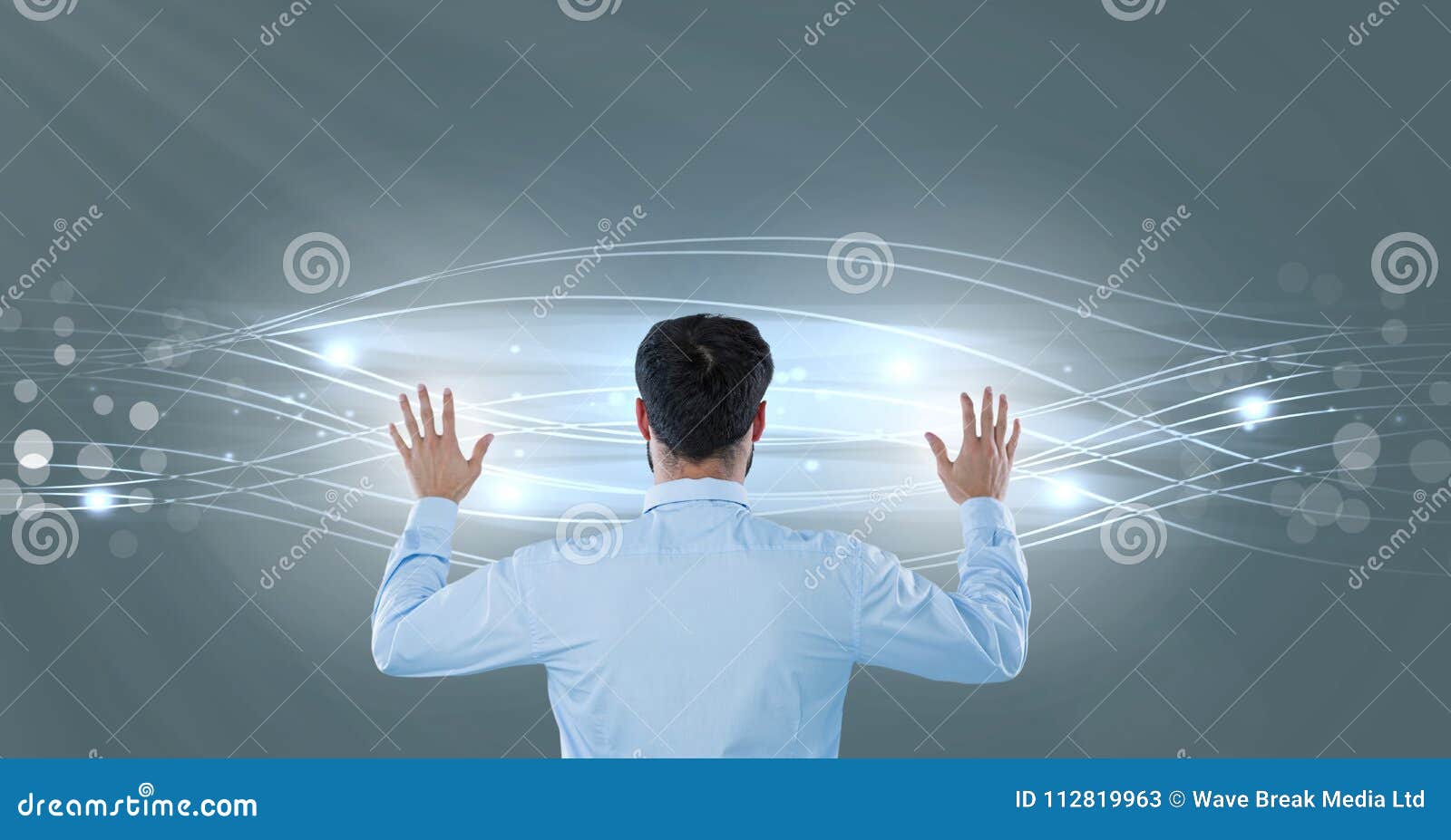 Man Touching Bright Light Particles Spell Stock Image - Image of career ...