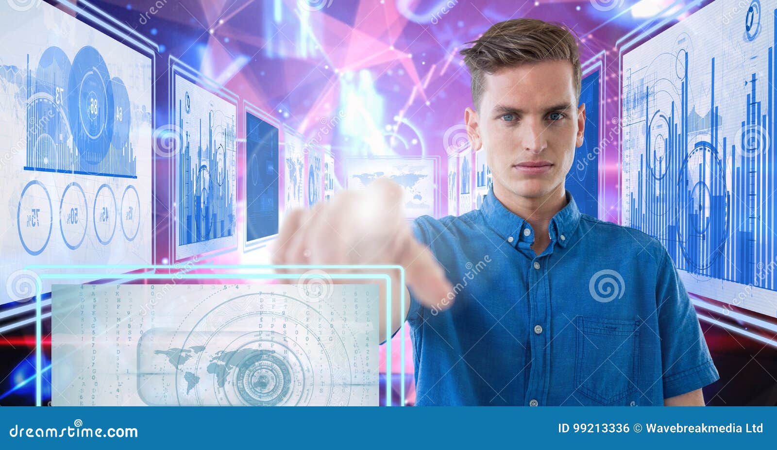 Man Touching and Interacting with Technology Interface Panels Stock ...