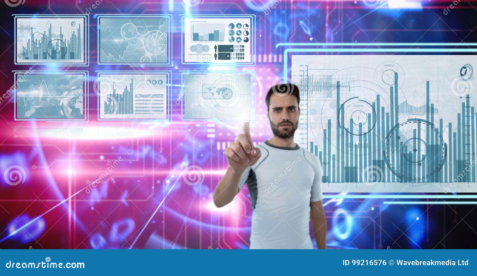 Man Touching and Interacting with Technology Interface Panels Stock ...