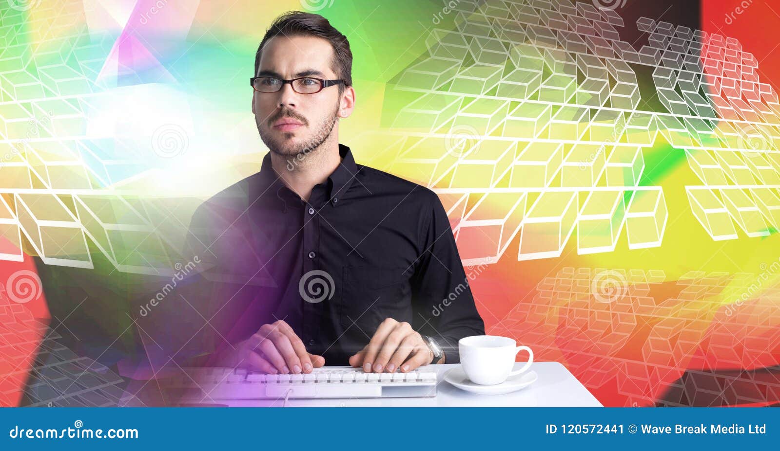 Man Using Computer with Colorful Geometric Transition Stock Image ...