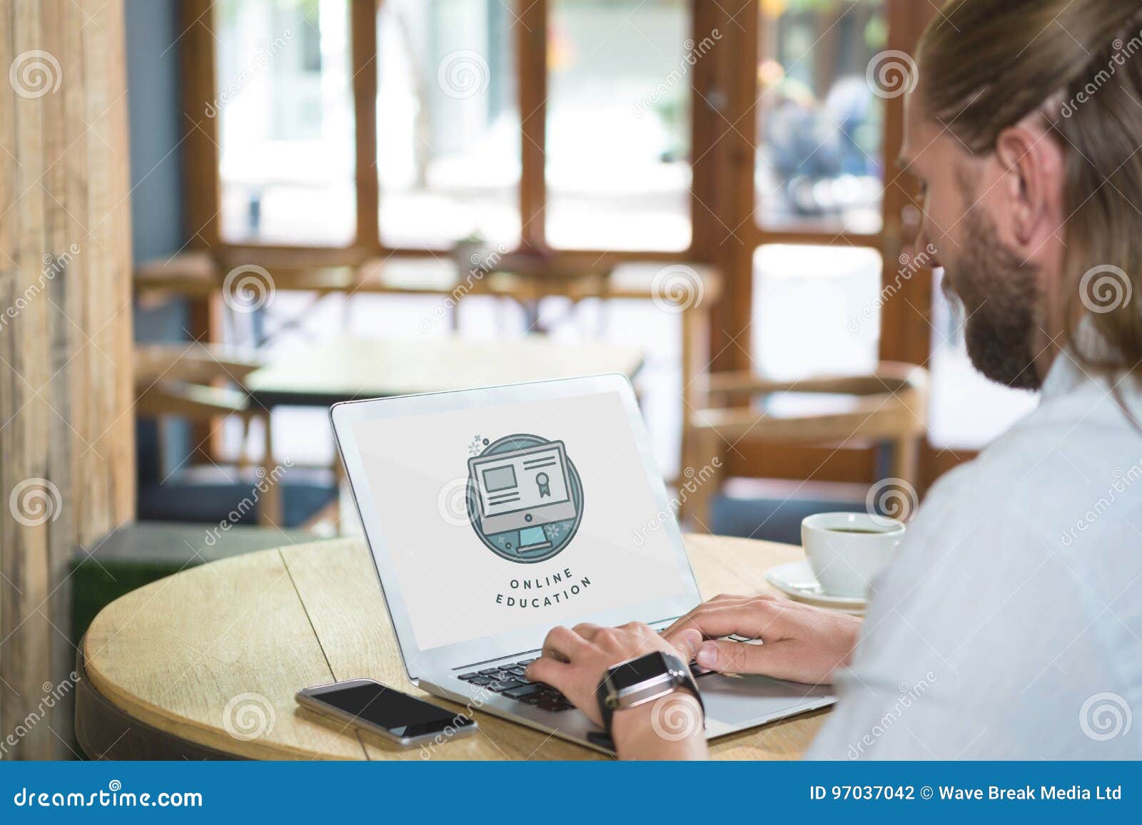 Man Using a Computer with E-learning Information in the Screen Stock ...