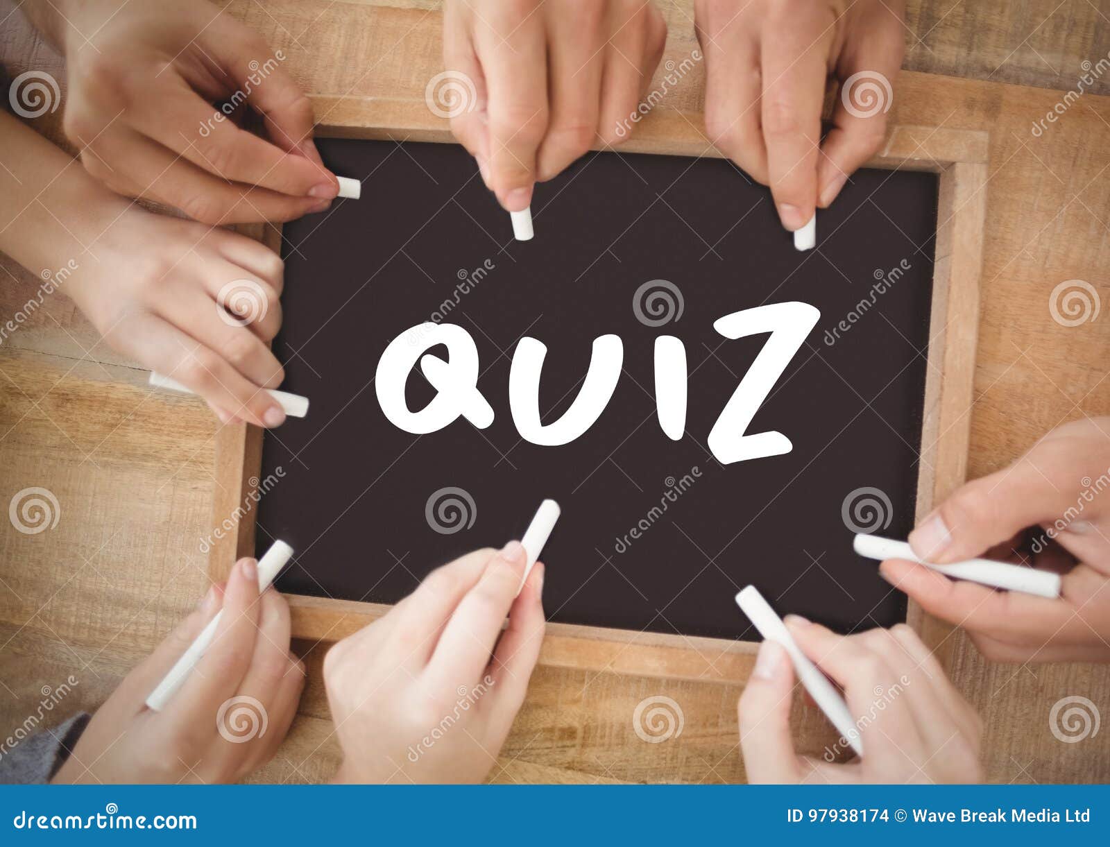 Many Hands Writing Quiz on Blackboard Stock Illustration - Illustration ...
