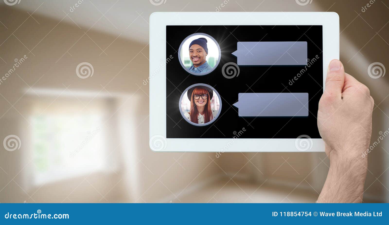 Messaging App on Tablet in Hand with Chat Profiles Stock Photo - Image ...