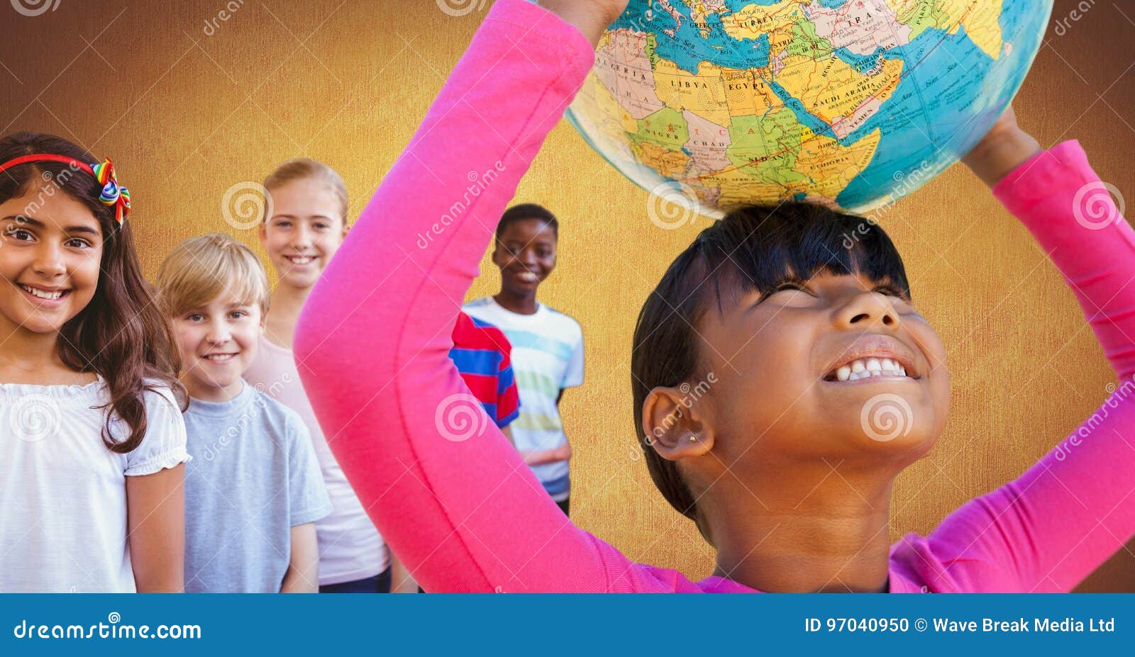 Multinational and Multicultural Children Holding World Globe with Gold ...