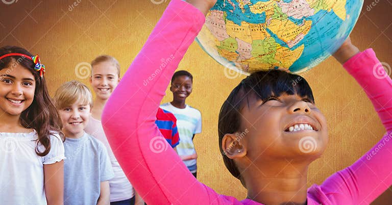 Multinational and Multicultural Children Holding World Globe with Gold ...