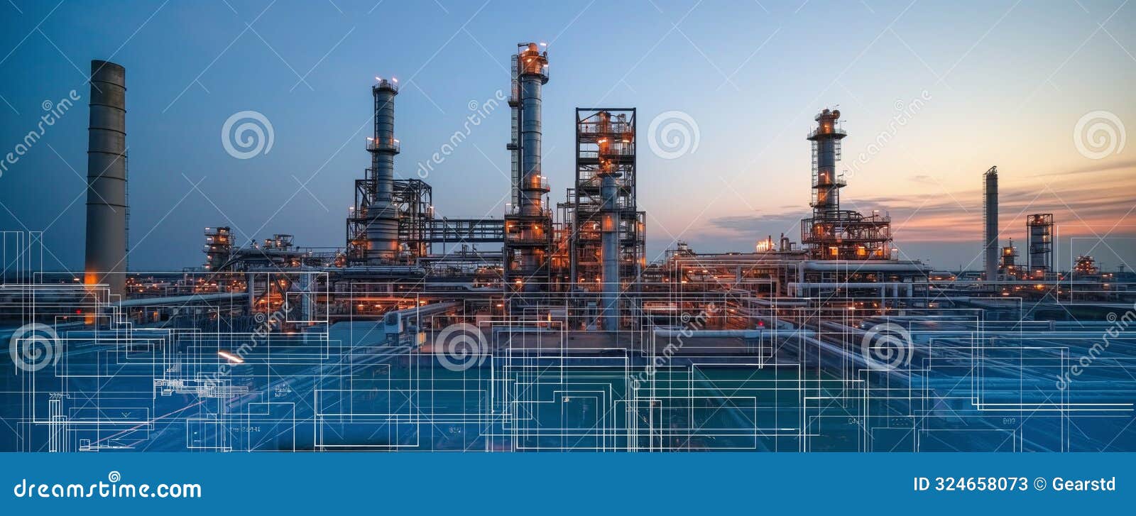 Oil Refinery with Blueprint Overlay at Dusk Stock Image - Image of ...