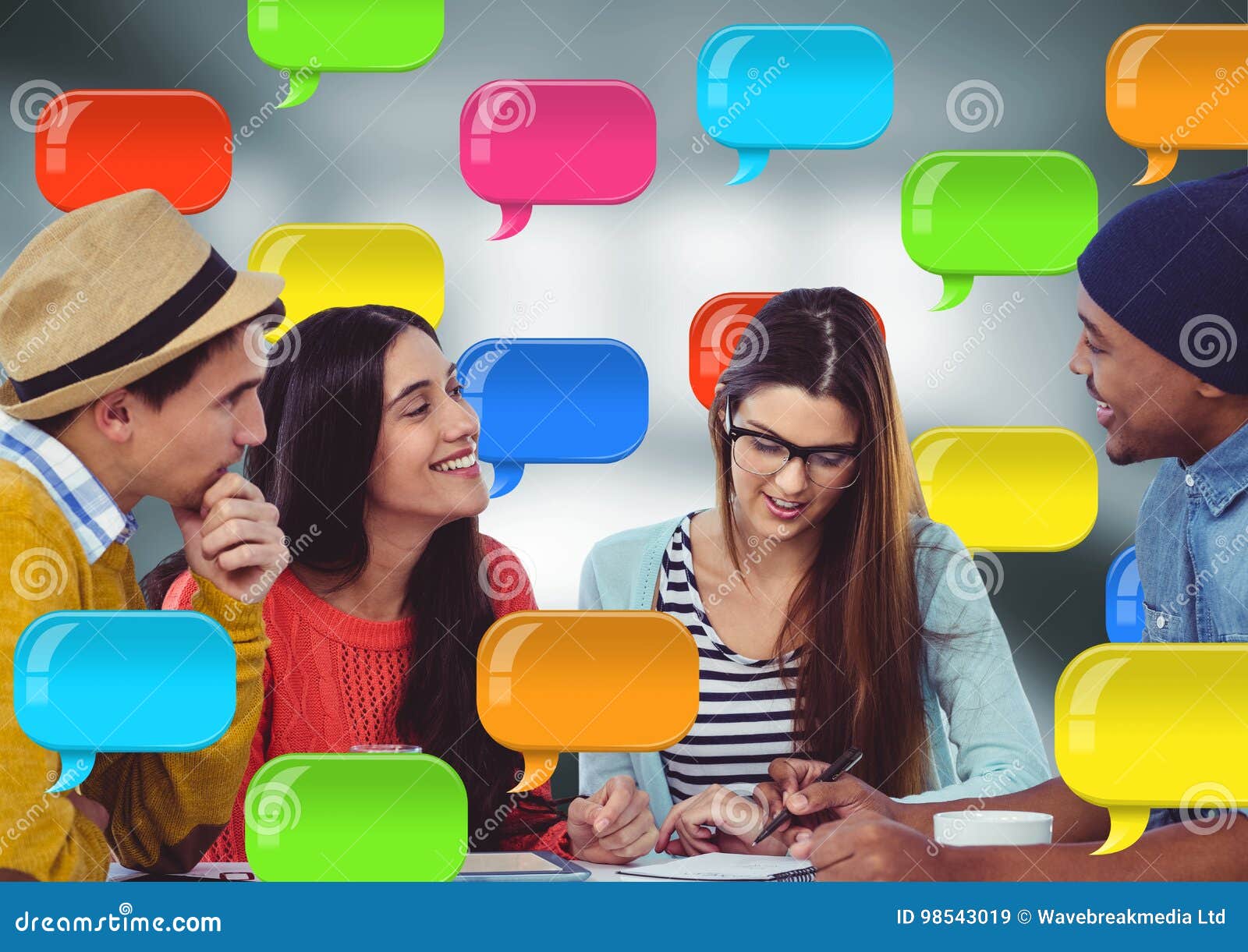 People at Desk with Shiny Chat Bubbles Stock Image - Image of creative ...