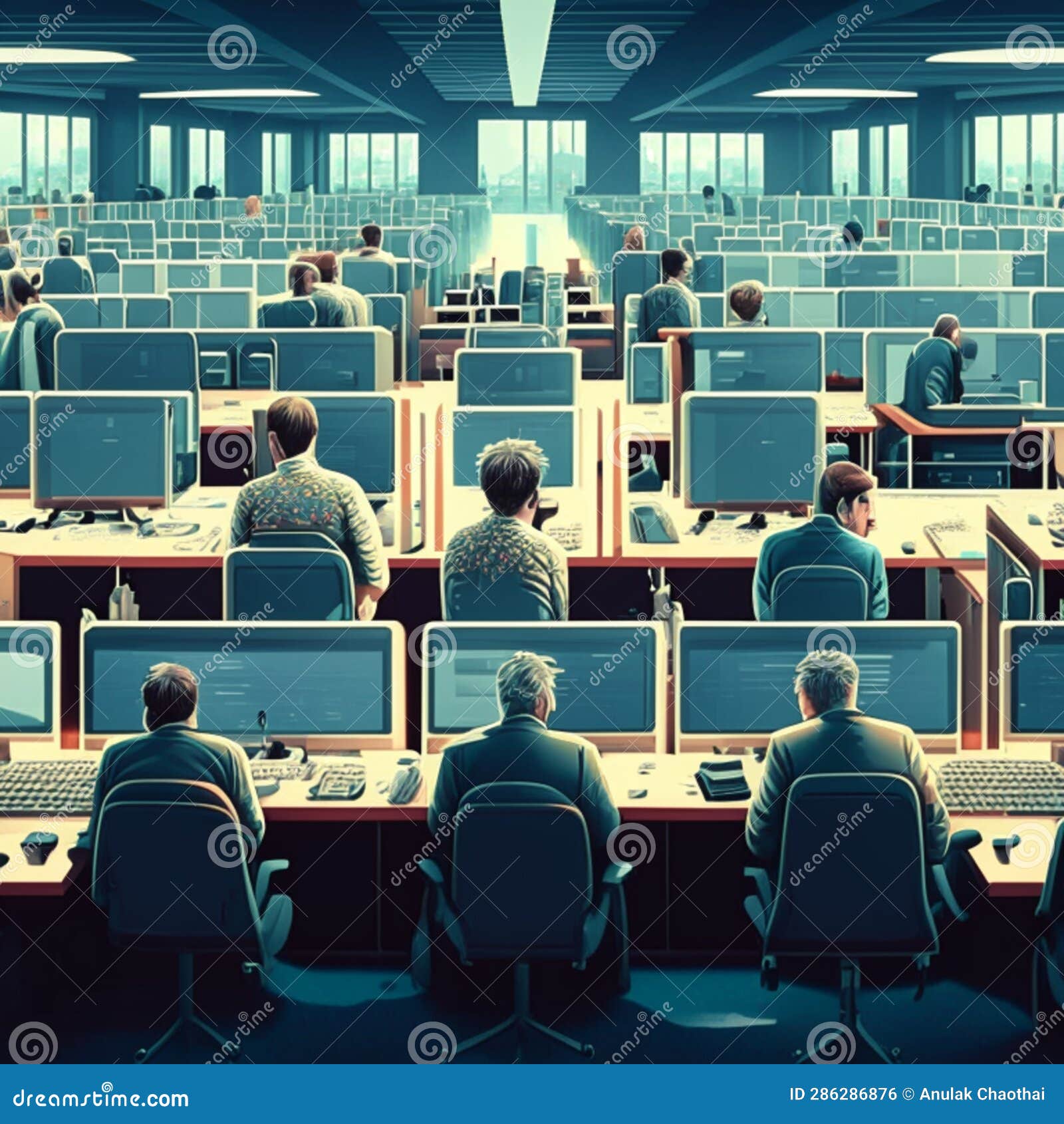 Digital Composite of People Sitting in Front of Computers in Data ...
