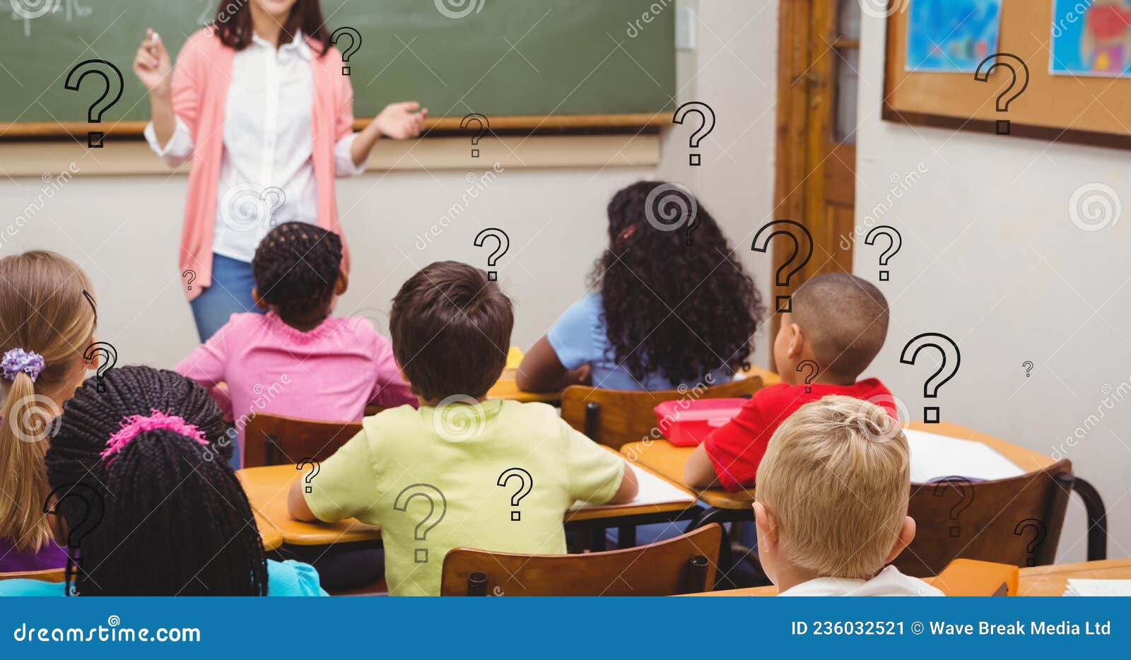Digital Composite of Question Marks Over Teacher Explaining Students ...