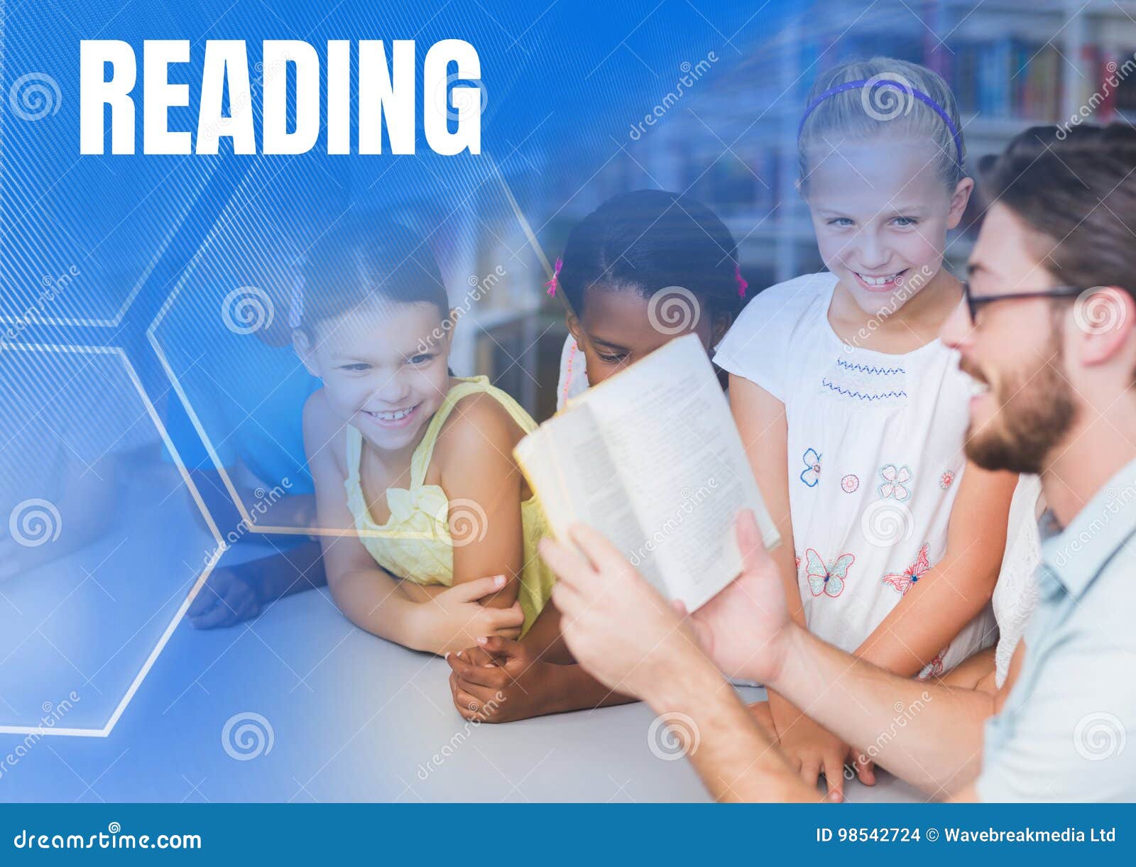 Reading Text and Elementary School Teacher with Class Stock Photo ...