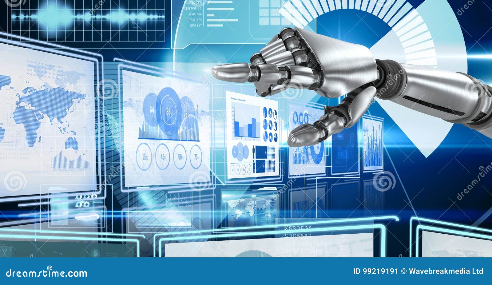 Robot Hand Interacting with Technology Interface Panels Stock ...