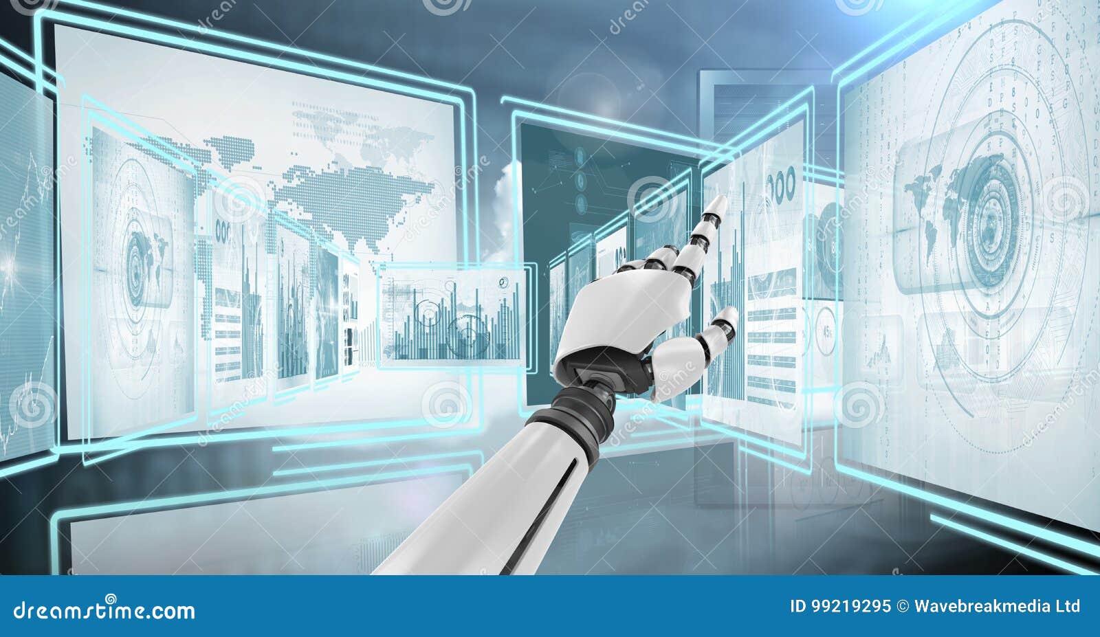 Robot Hand Interacting with Technology Interface Panels Stock ...
