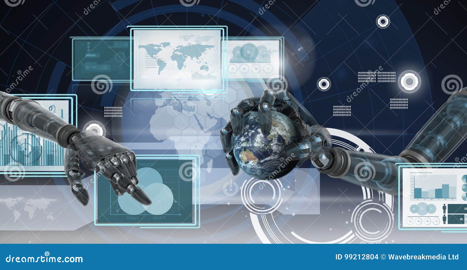 Robot Hands Interacting with Technology Interface Panels Holding World ...