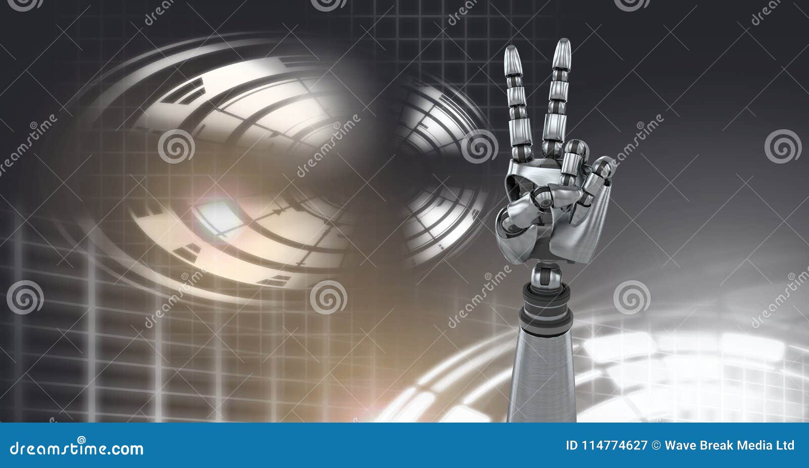 Robotic Android Peace Hand and Glowing Circle Technology Interface ...