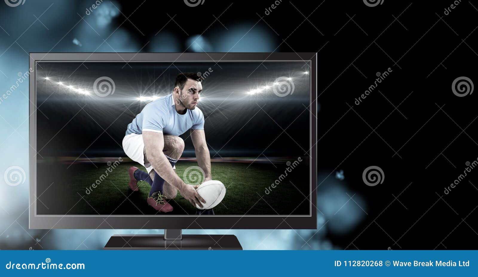 Rugby player on television stock photo. Image of computer - 112820268