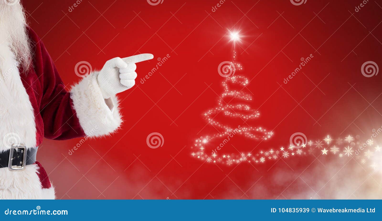 Santa Pointing at Snowflake Christmas Tree Pattern Shape Glowing Stock ...