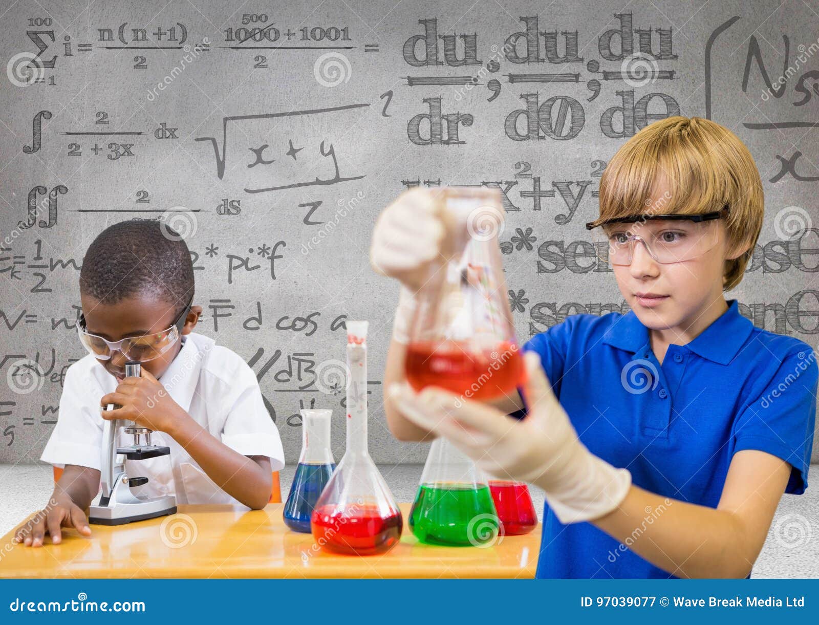 Science Kids with Blank Grey Background with Science Equations Graphics ...