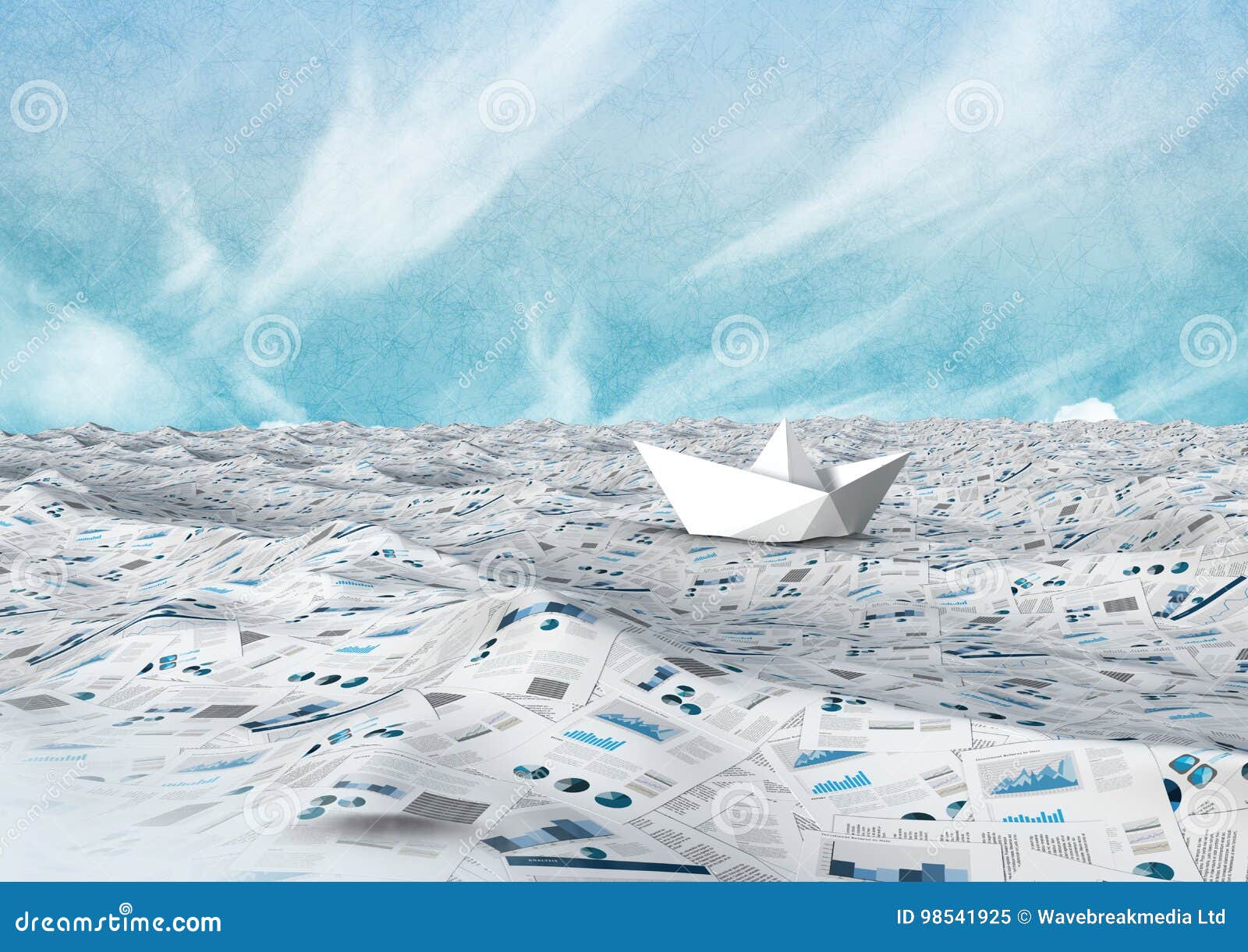 Sea of Documents Under Sky Clouds with Paper Boat Stock Image - Image ...