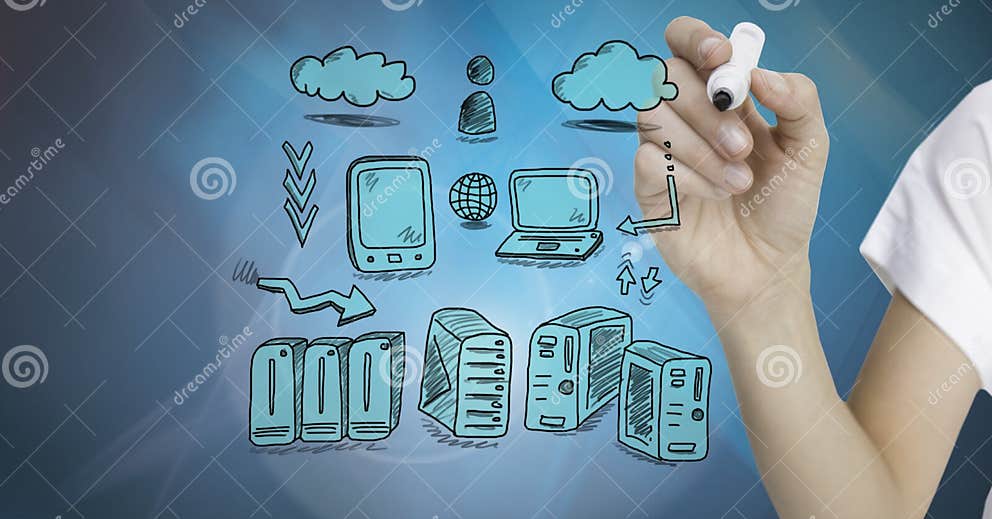 Servers Network Doodle Being Drawn by Hand Stock Image - Image of ...