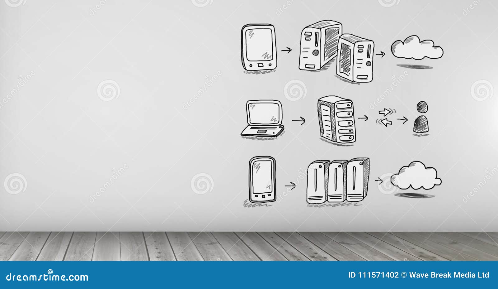 Servers Network Drawing Doodles in Room Stock Illustration ...