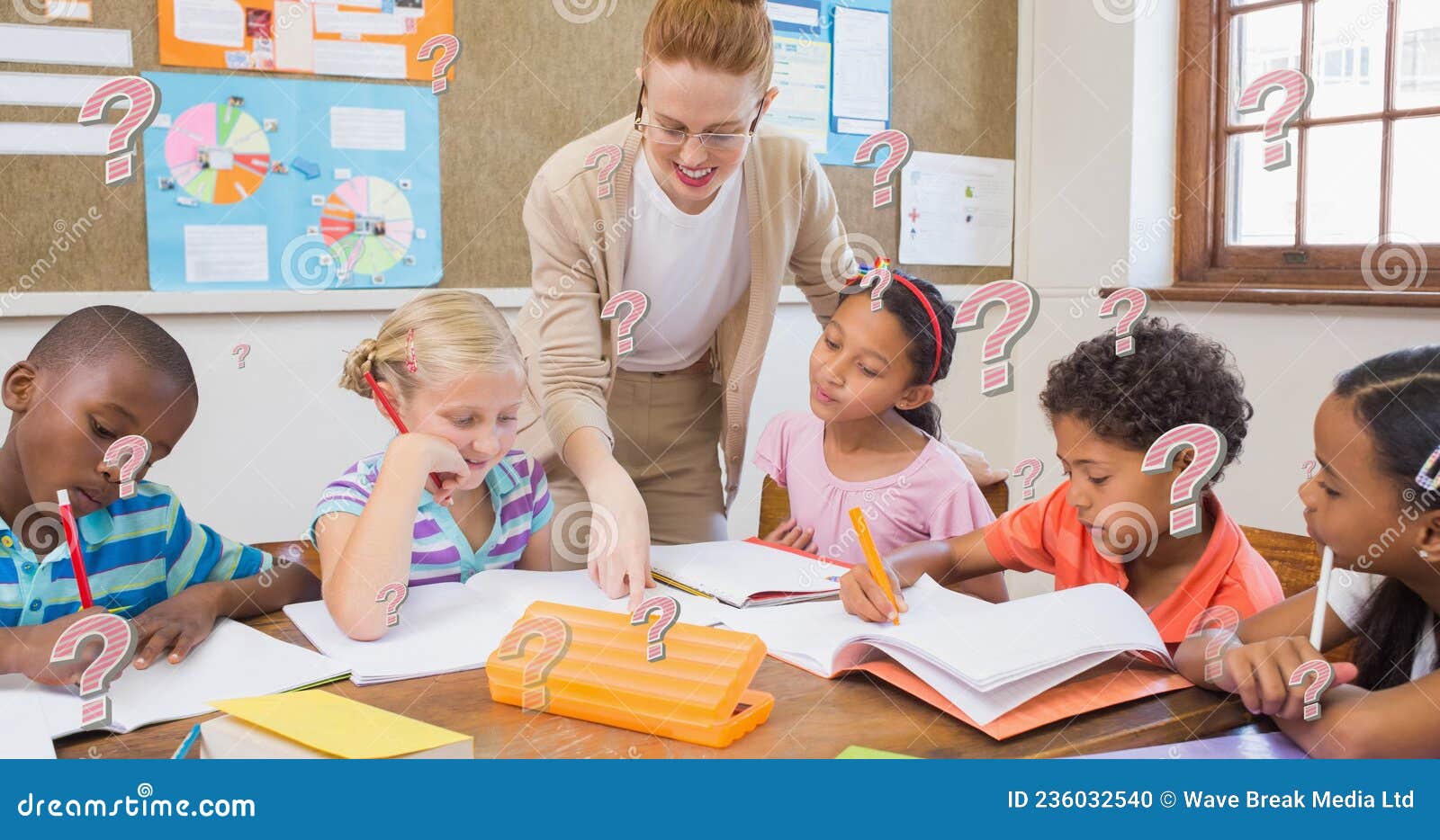 Digital Composite of Smiling Teacher Guiding Students in Classroom with ...