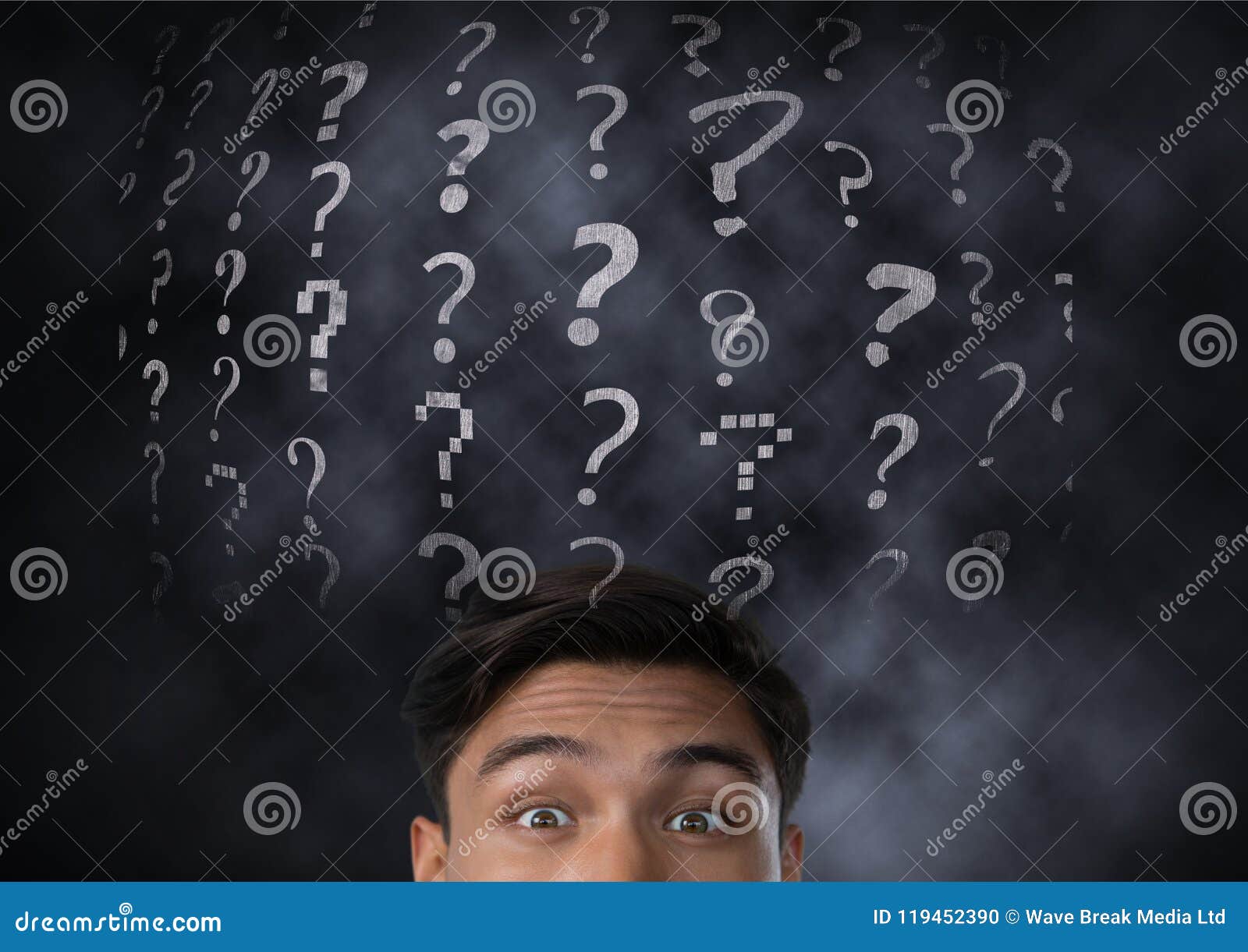 Surprised Man with Question Marks Above His Head Stock Photo - Image of ...