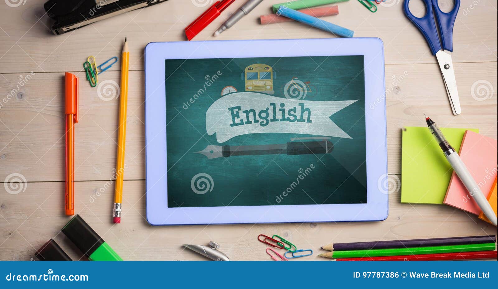 Tablet on a School Table with School Icons on Screen Stock Photo ...