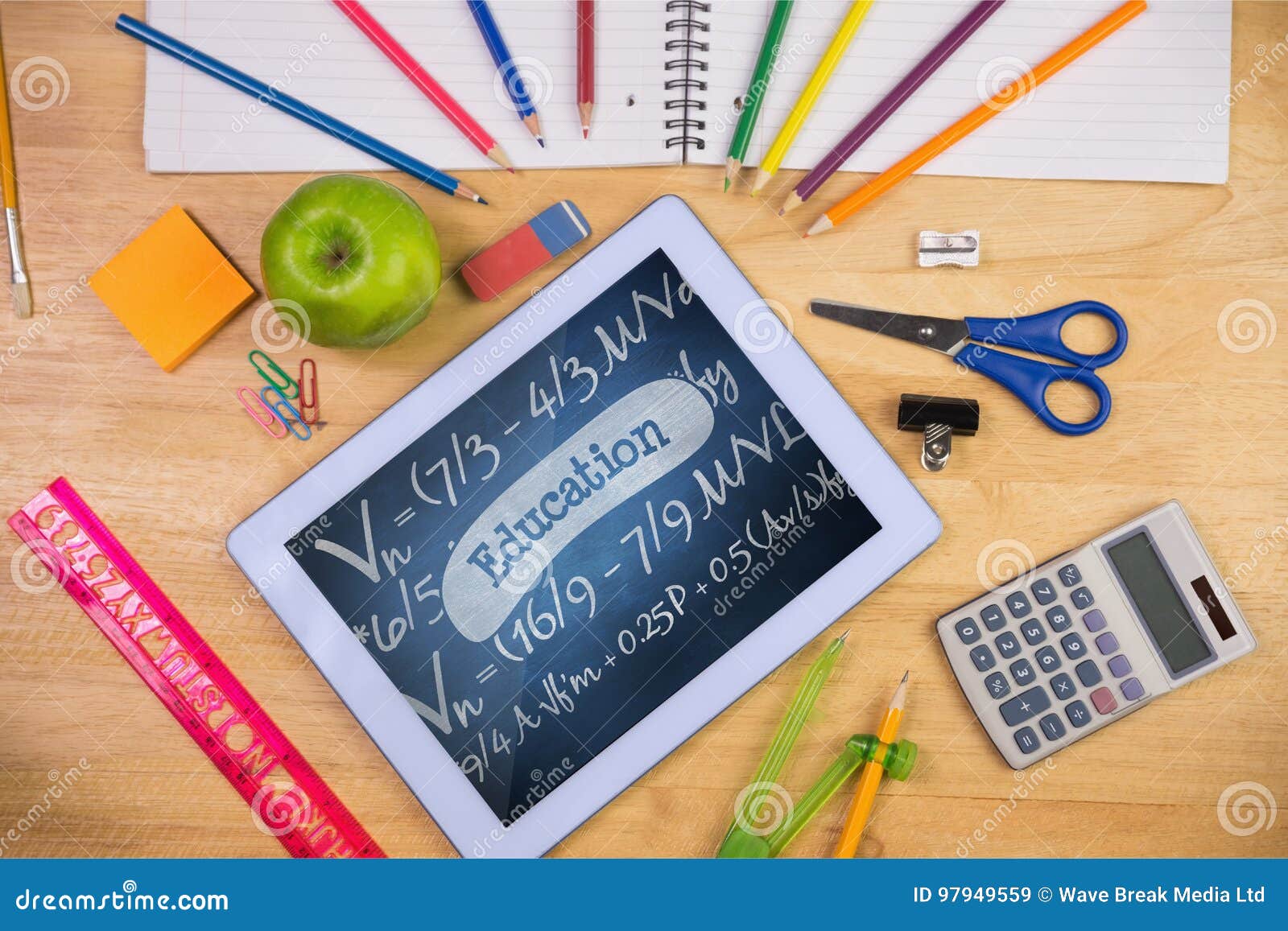 Tablet on a School Table with School Icons on Screen Stock Image ...