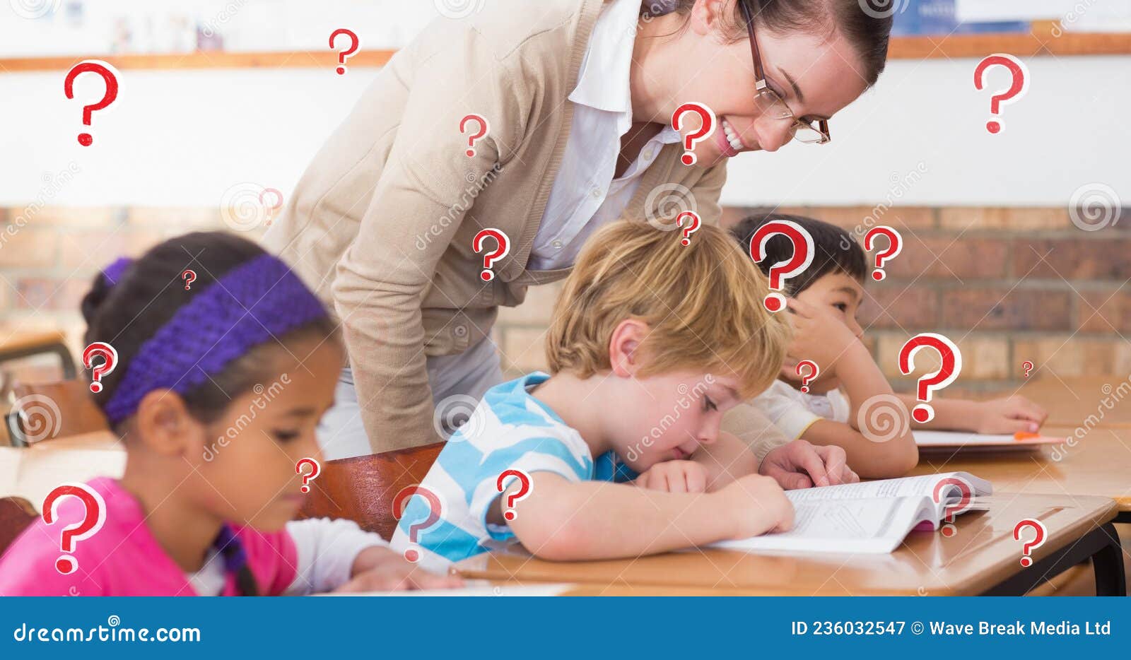 Digital Composite of Teacher Helping Schoolboy Reading in Classroom ...