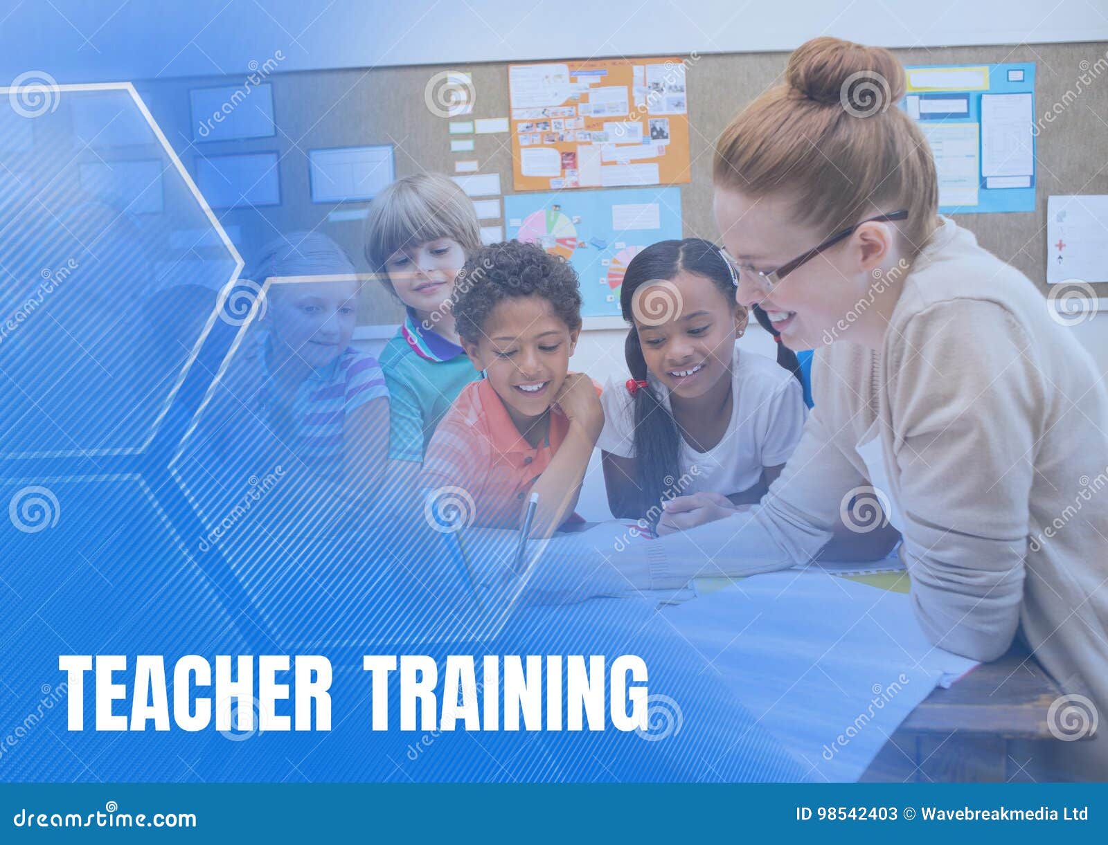 Teacher Training Text and Elementary School Teacher with Class Stock ...